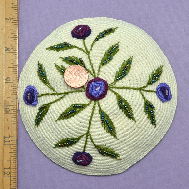 Purple Embroidered Crochet & Beaded Kippa for Women, Cream Color With ...