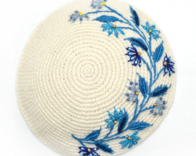 Cream & Turquoise Flower Kippot, Sapphire Blue Color Womens Beaded ...