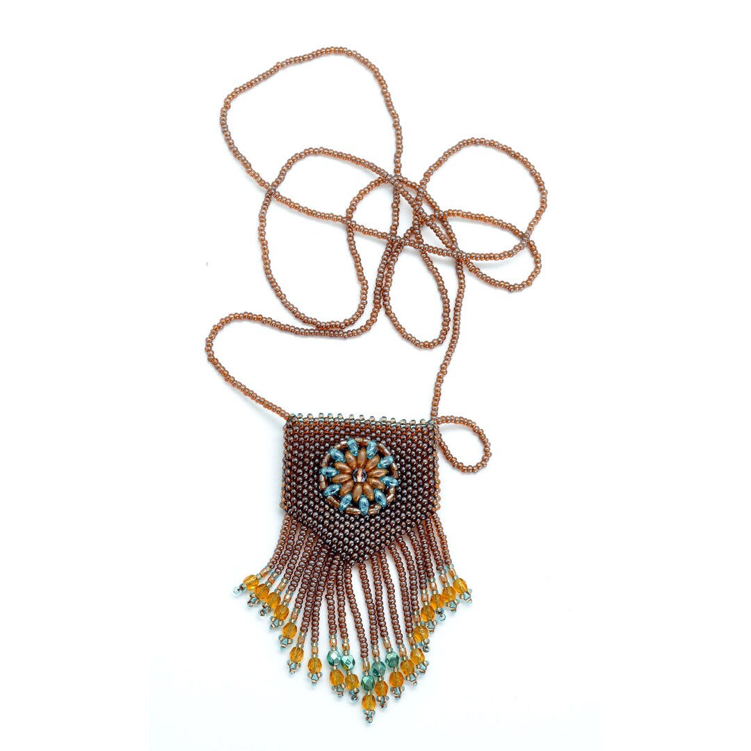 Sandy Brown Amulet Pouch With Light Blue Accent Beads, Light Tawny ...