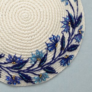Cream & Blue Flower Kippot, Sapphire Blue Floral Womens Beaded Kippa ...