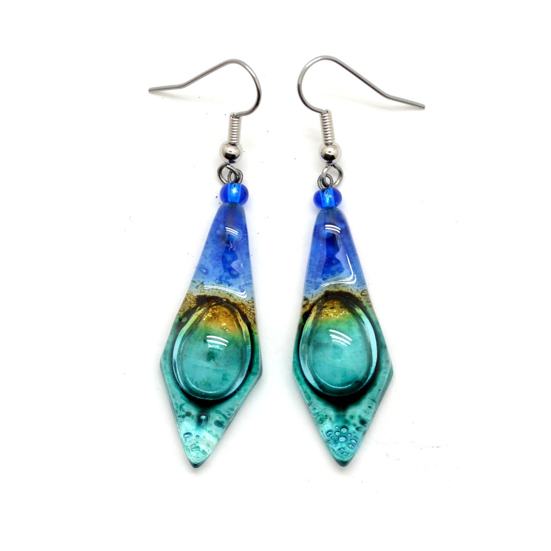 Dark Blue Glass Earrings, Dangle Fused Glass Earrings in Ocean Colors ...