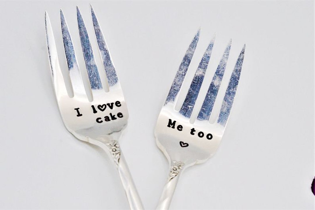 I Love Cake, Me Too Hand Stamped Vintage Forks Anniversary Cake ...
