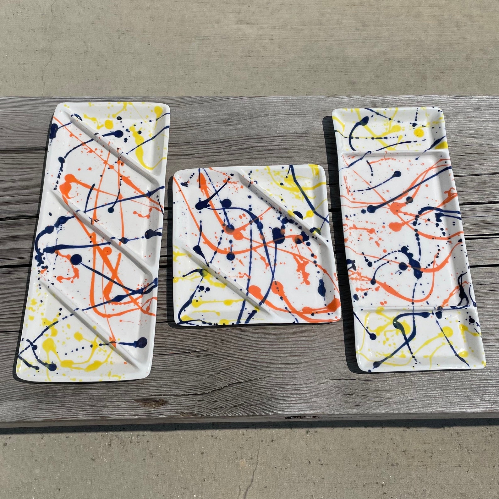 Ceramic Serving Trays Paint Splatter Pattern White With Blue, Orange, and Yellow - Etsy