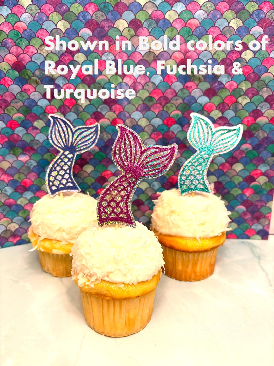 Mermaid Tail Cupcake Toppers, 2 Glitter Cardstock Color Set Options, 2. ...
