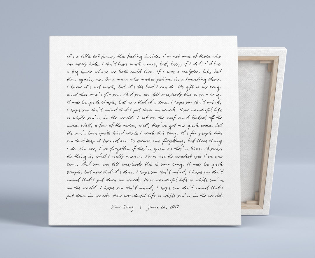 Handwritten Style - Custom Song Lyrics Print on Canvas Warp or Poster ...