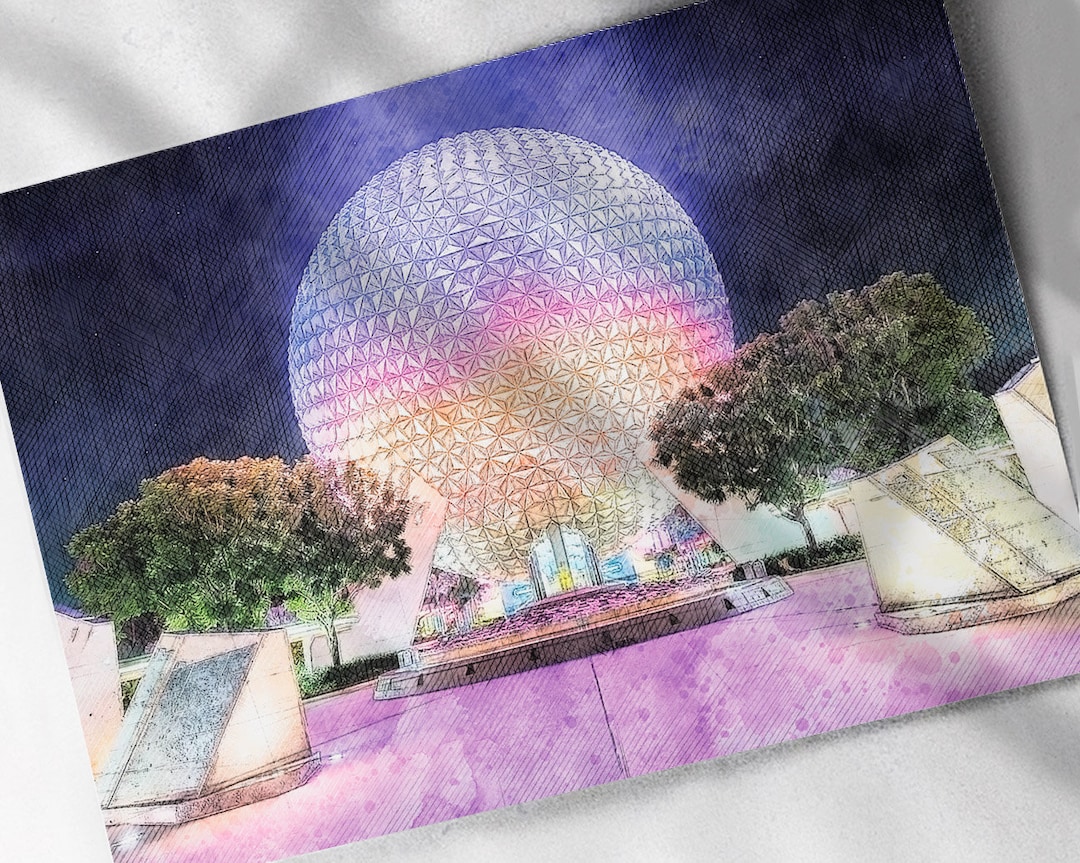 Epcot Spaceship Earth Artist Drawn Illustration Watercolor / Cross ...