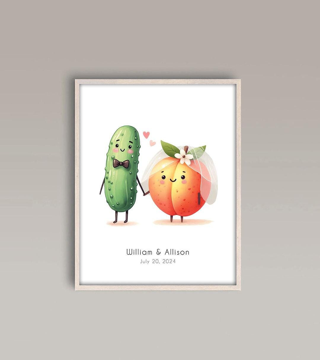 Whimsical Fruit Getting Married, Pickle, Peach, Art, Wedding Gift ...