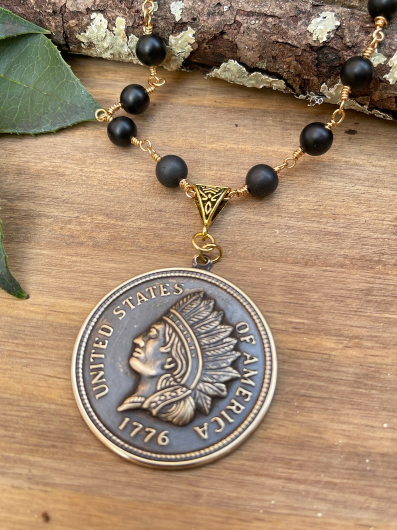1776 USA Coin/aged Brass Pendant Jewelry/black Onyx and Gold Necklace ...