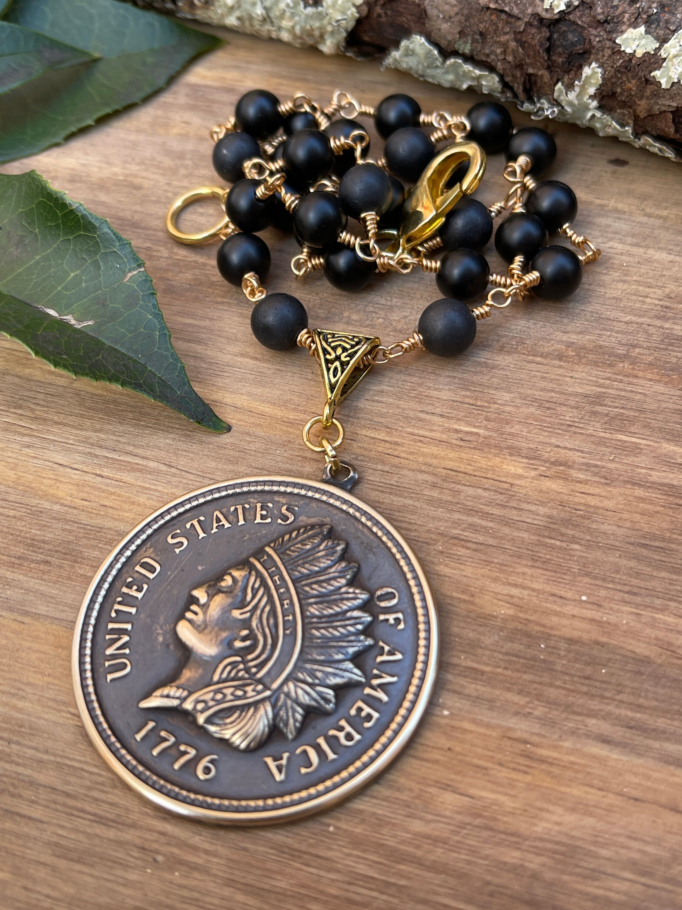 1776 USA Coin/aged Brass Pendant Jewelry/black Onyx and Gold Necklace ...