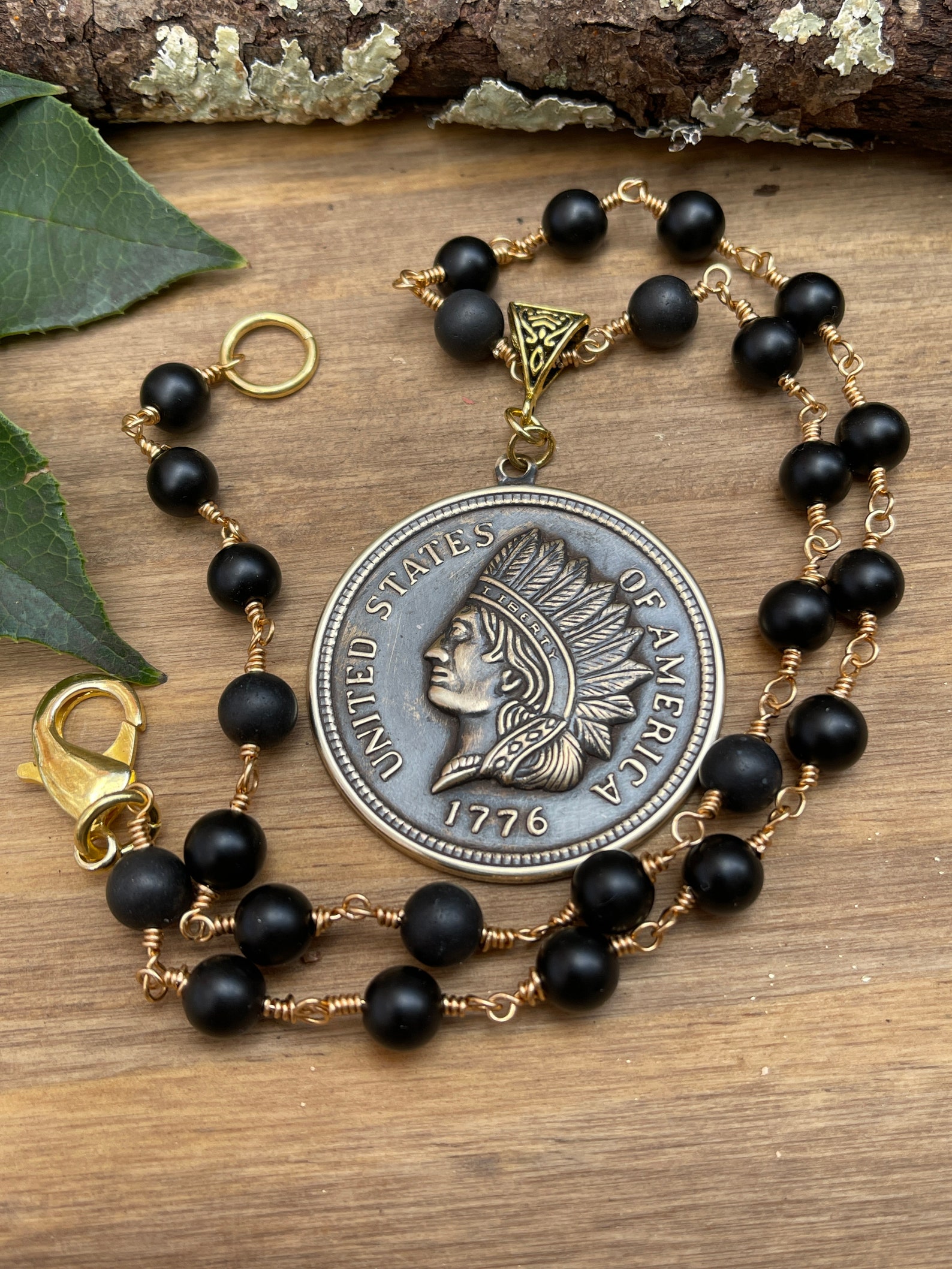 1776 USA Coin/aged Brass Pendant Jewelry/black Onyx and Gold Necklace ...