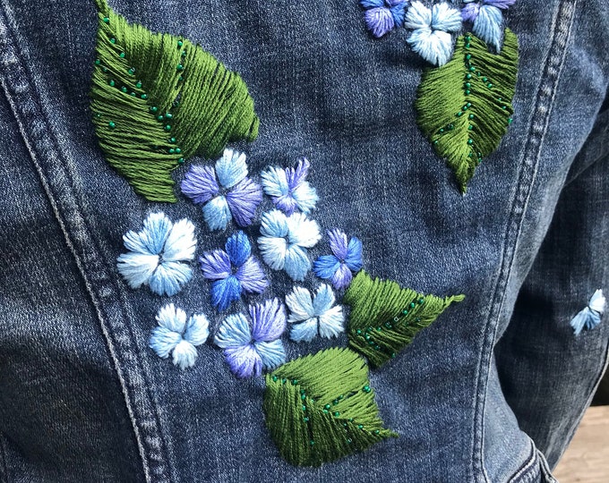 Hand Embroidered and Beaded Jean Jacket With Blue Hydrangeas: Woven ...
