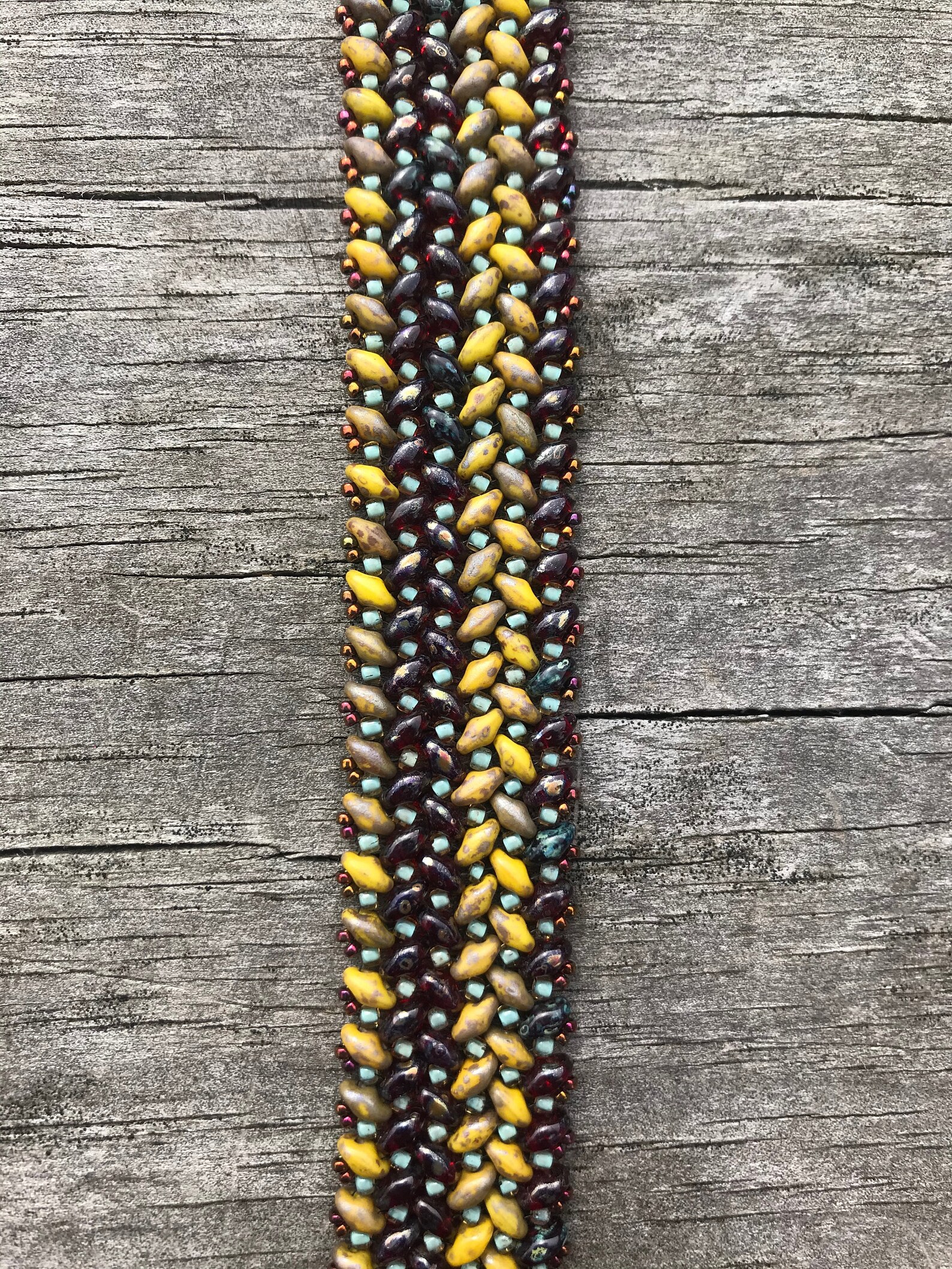 Mottled Yellow and Dark Red Superduo Herringbone Bracelet: Woven ...