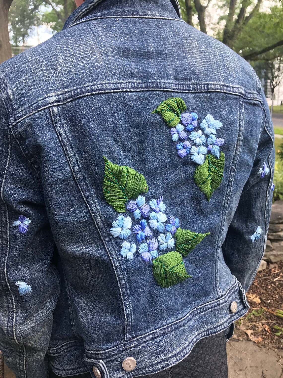 Hand Embroidered and Beaded Jean Jacket With Blue Hydrangeas: Woven ...