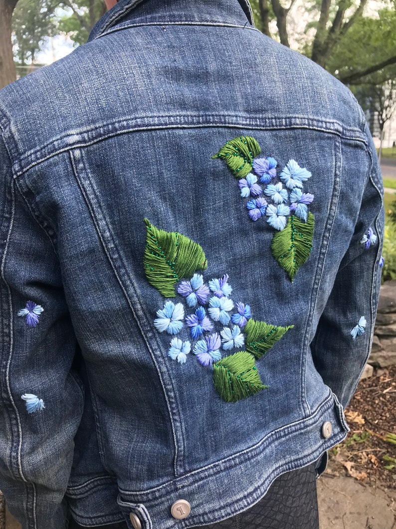 Hand Embroidered and Beaded Jean Jacket With Blue Hydrangeas: Woven ...