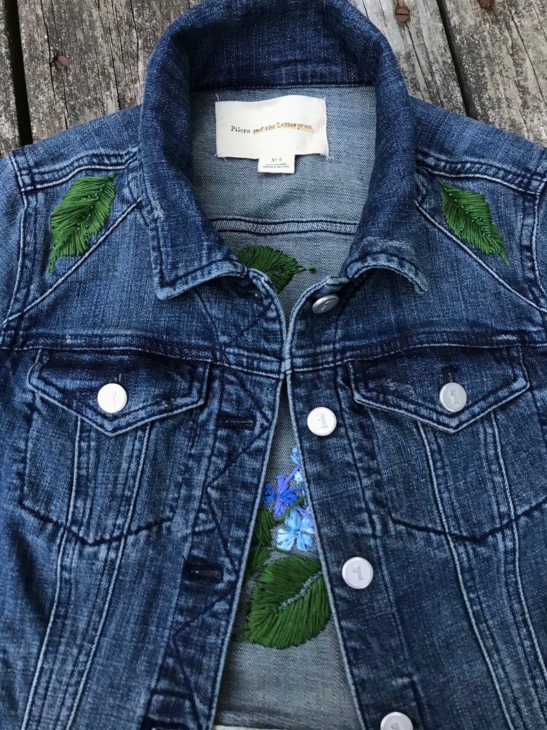 Hand Embroidered and Beaded Jean Jacket With Blue Hydrangeas: Woven ...