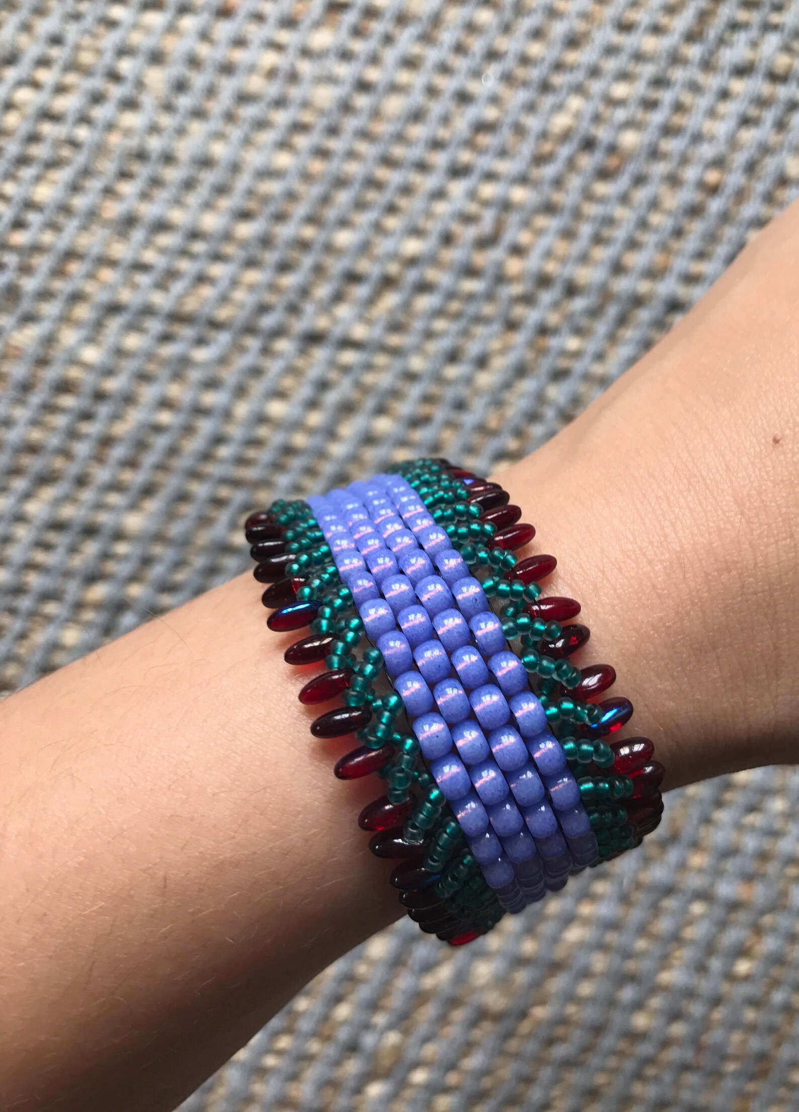 Periwinkle and Red Caterpillar Bracelet: Woven, Handmade, Beaded ...