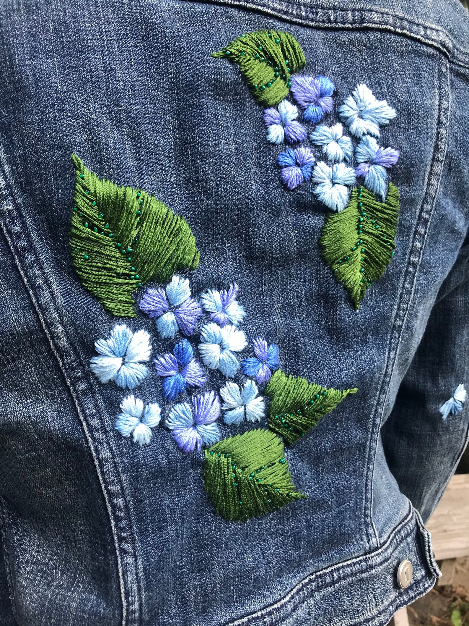 Hand Embroidered and Beaded Jean Jacket With Blue Hydrangeas: Woven ...