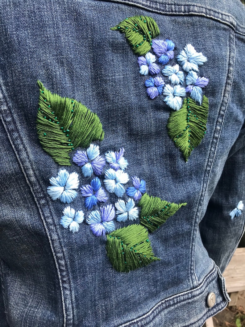 Hand Embroidered and Beaded Jean Jacket With Blue Hydrangeas: Woven ...
