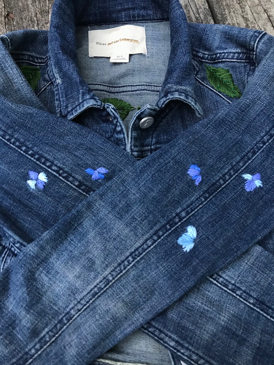 Hand Embroidered and Beaded Jean Jacket With Blue Hydrangeas: Woven ...