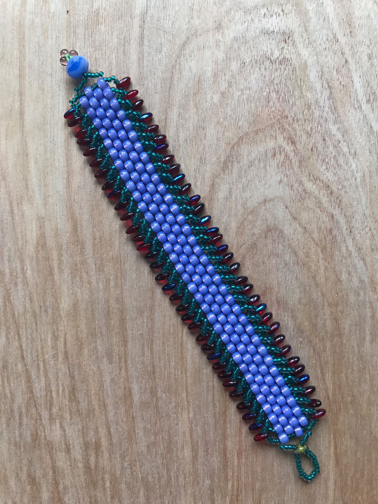 Periwinkle and Red Caterpillar Bracelet: Woven, Handmade, Beaded ...