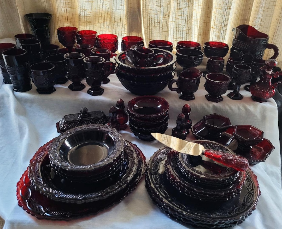 Avon 1876 Cape Cod Collection Ruby Red Sandwich Glass Dinnerware ...