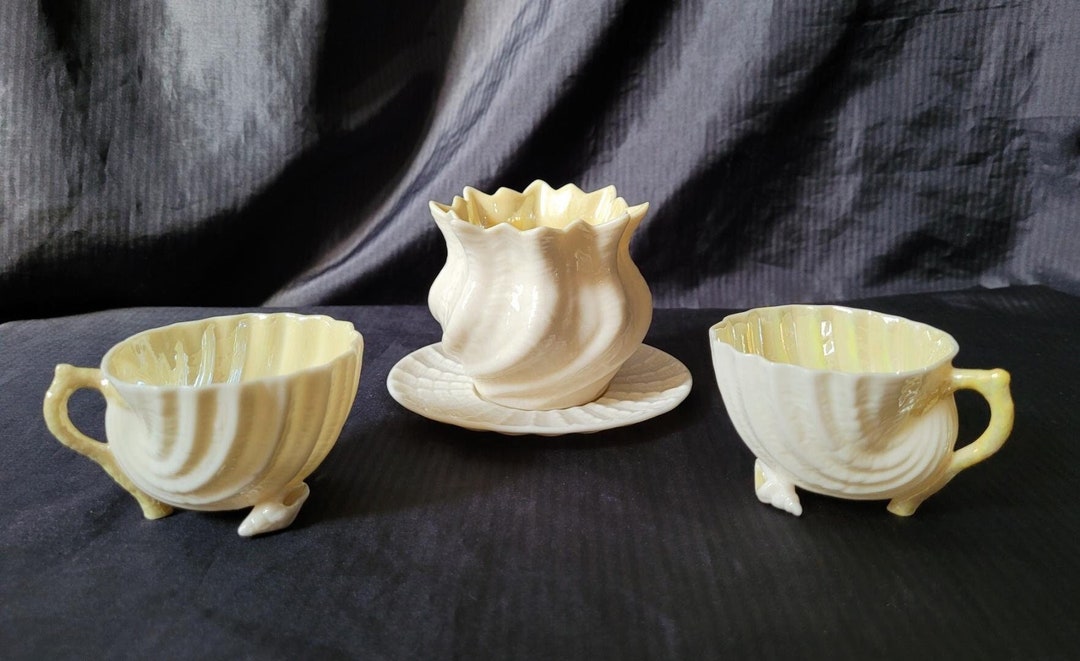 Belleek Ireland Tea Set Neptune Yellow Tea Cups Bowl Saucer Collectible ...