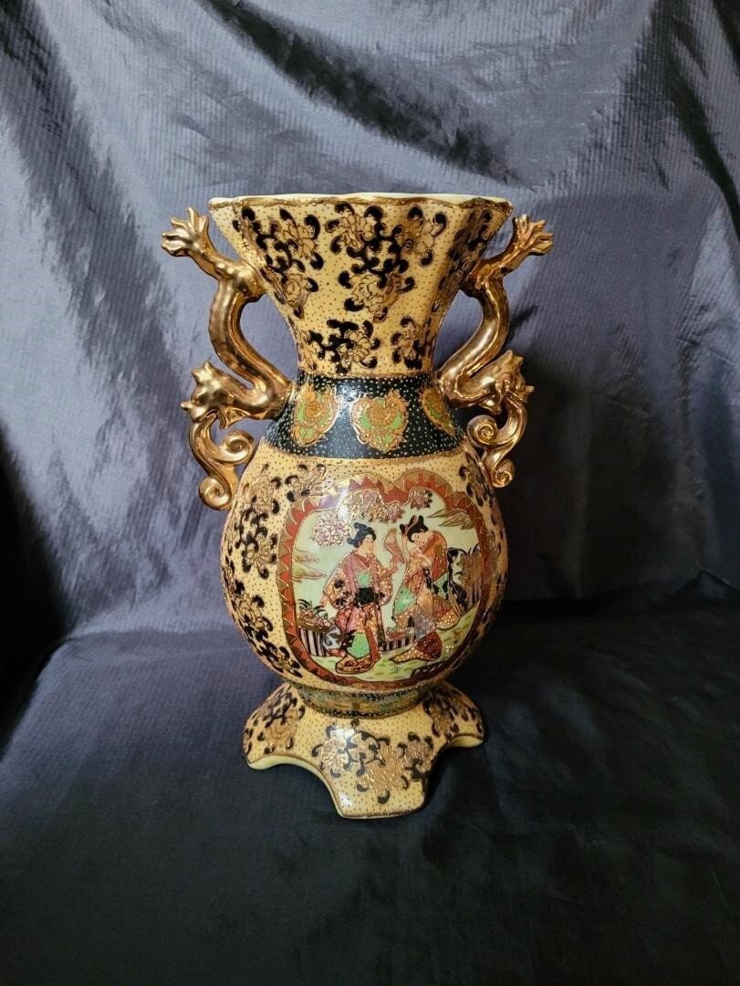 Hand-painted Japanese Satsuma Gold Gilded Dragon Handled Vase Urn Asian ...