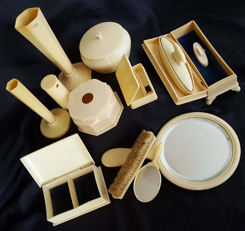 Huge Vanity Set of French Ivory Py-ra-lin Vases Mirrors Powder Hinged ...