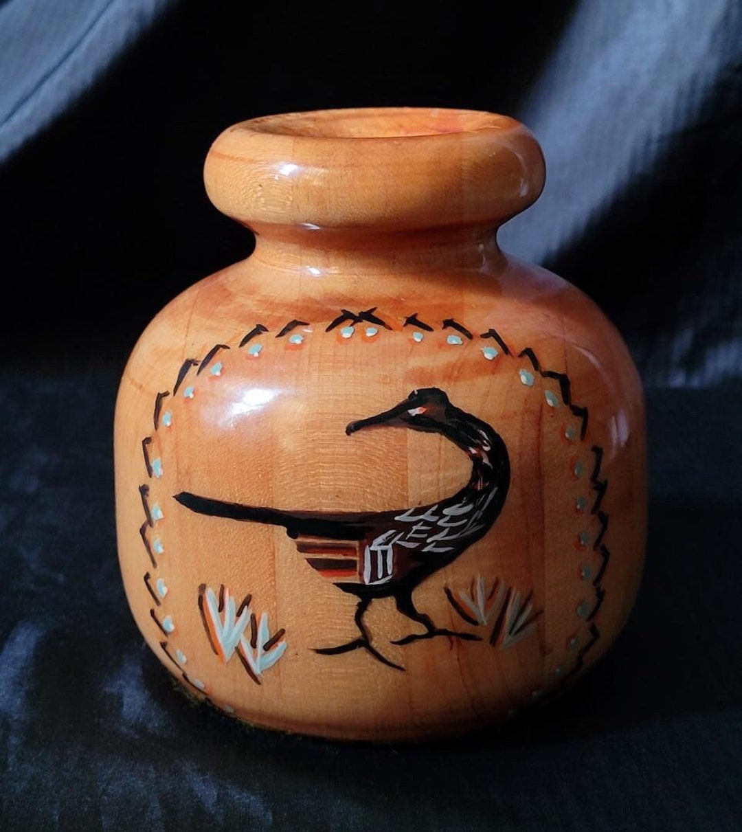 Vintage Native American Hand Turned Wood Roadrunner Squat Vase ...