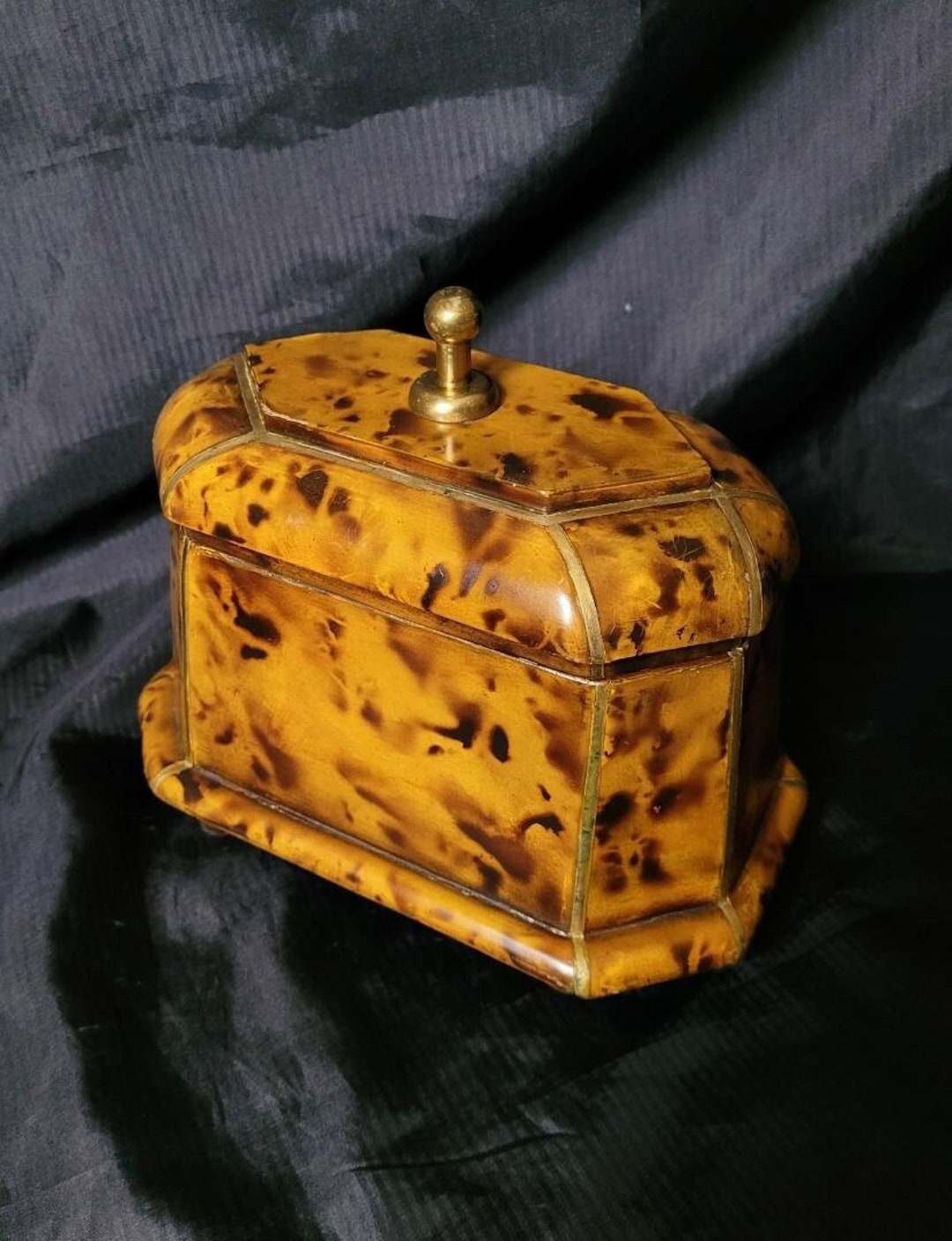 Faux Tortoiseshell Wooden Tea Caddy Lidded Ball Footed Octagonal Tea ...