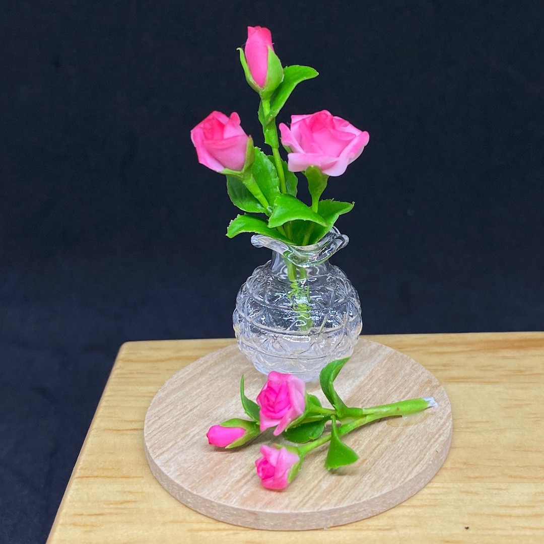 Miniature Pink Rose Clay Flower,miniature Flower Pot,miniature Vase ...