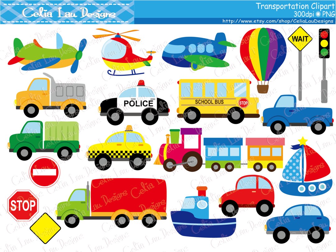 Transportation Clipart ,car, Taxi, School Bus, Police Car, Truck, Train ...