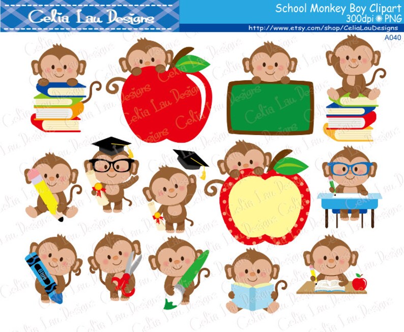School Monkey Boy Clipart Cute Back to School Monkey Boy | Etsy