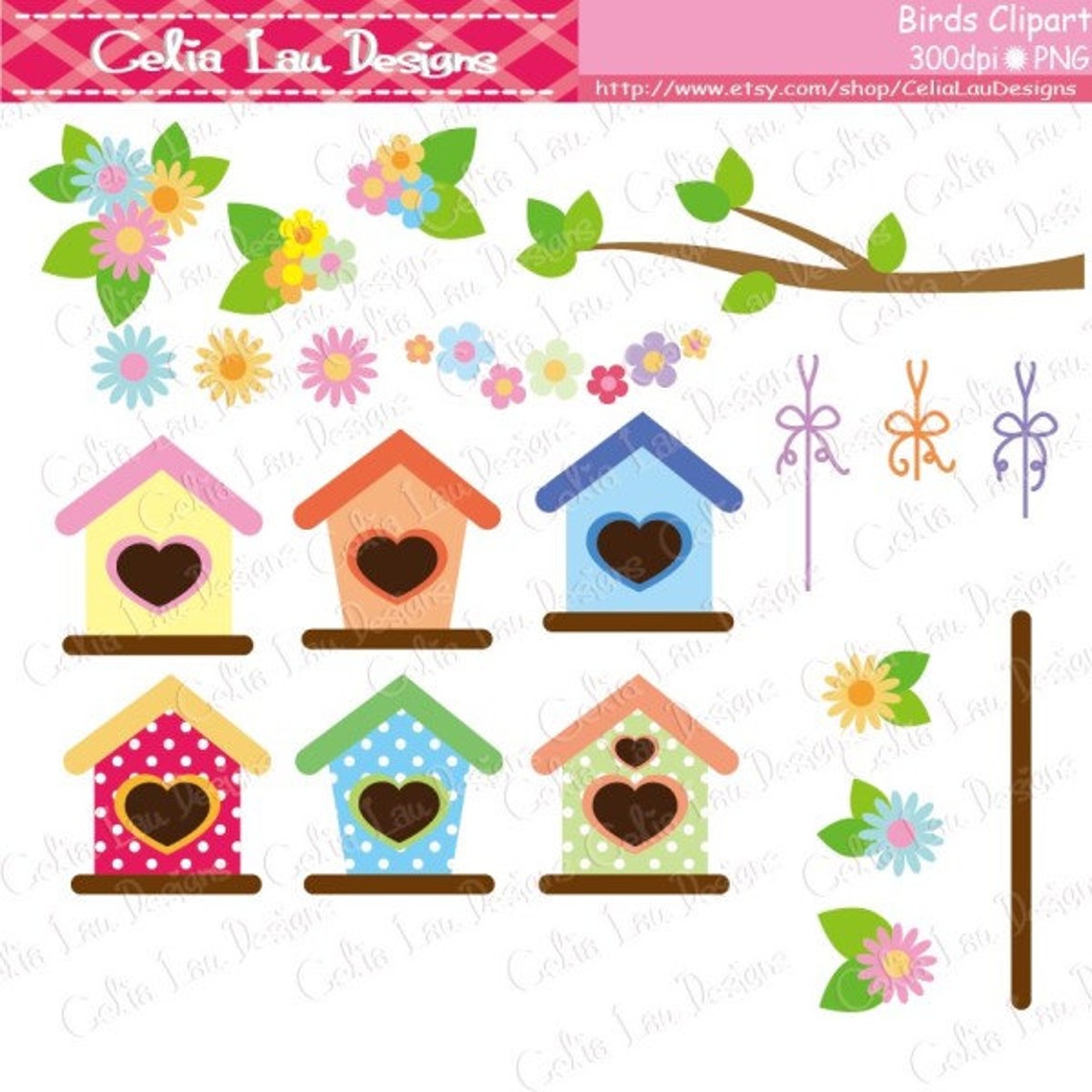 Pastel Birds Clipart Set Flower Clipart Spring Bird - Etsy