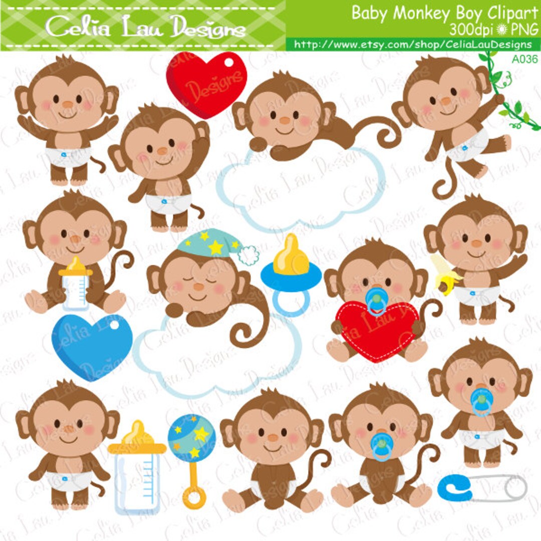Baby Monkey Clipart, Cute Monkey Baby Boy Clipart - Etsy
