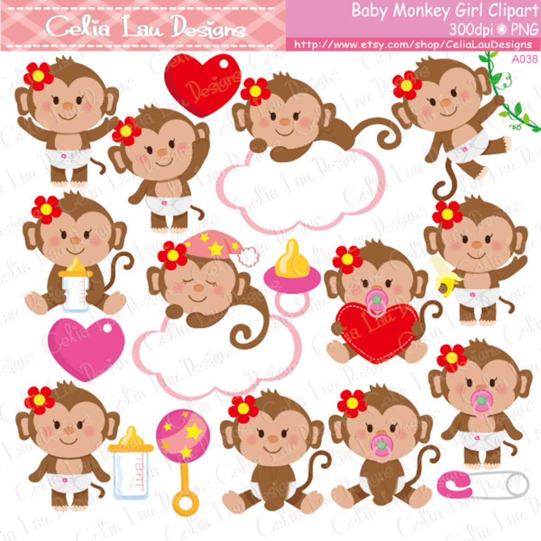 Baby Monkey Clipart, Cute Monkey Baby Girl Clipart - Etsy