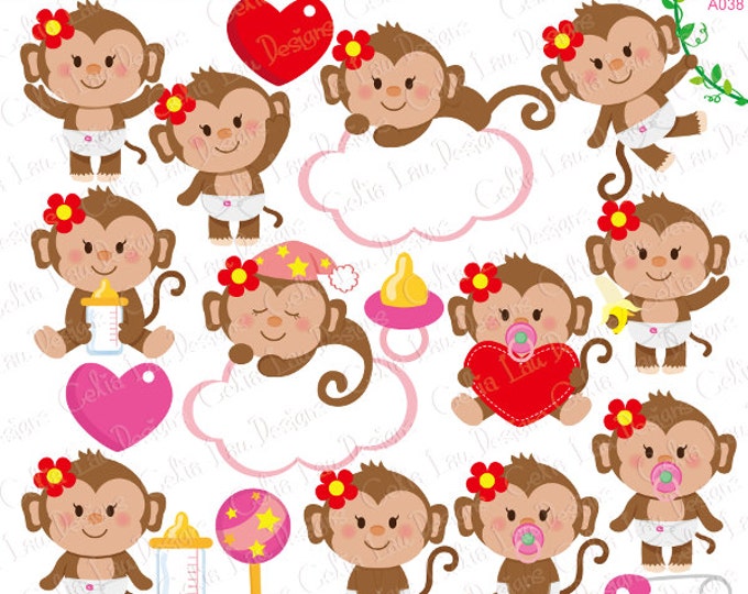Baby Monkey Clipart Cute Monkey Baby Girl Clipart - Etsy
