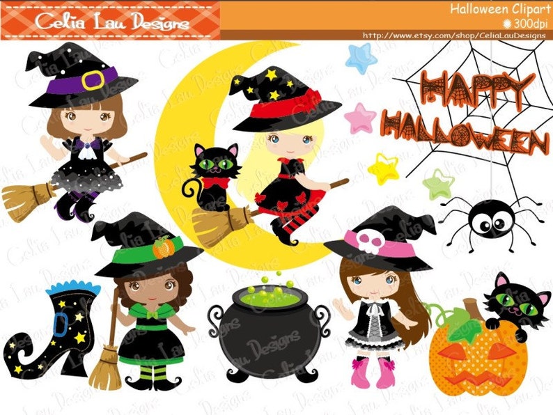 Witch Clipart Black Cat Clipart Happy Little Witches - Etsy