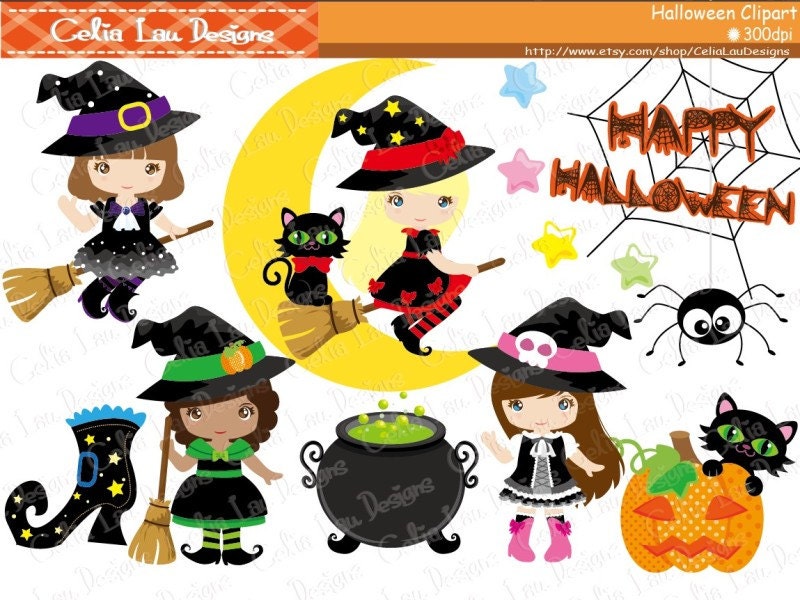 Witch Clipart Black Cat clipart Happy Little Witches | Etsy