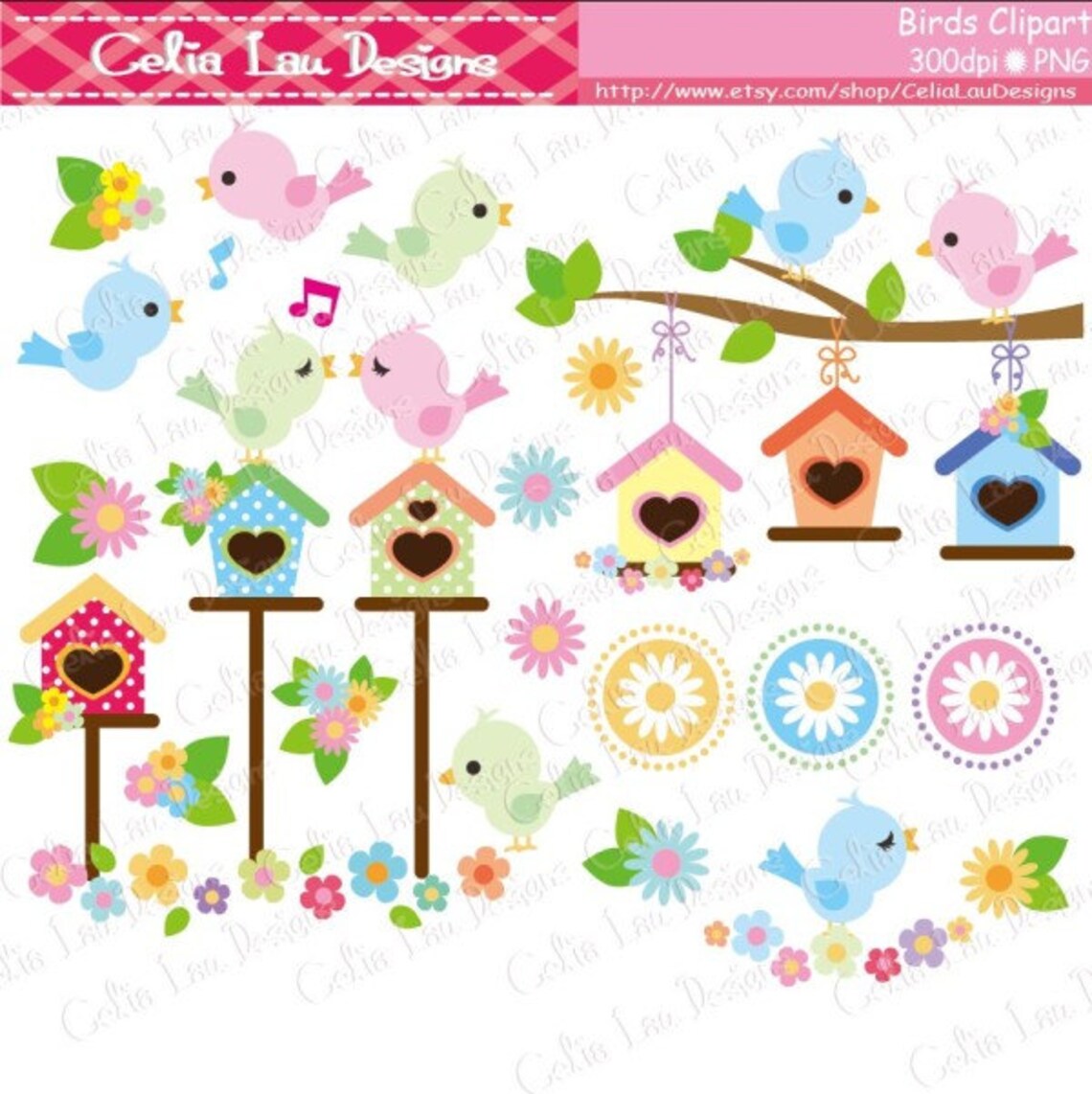Pastel Birds Clipart Set Flower Clipart Spring Bird - Etsy
