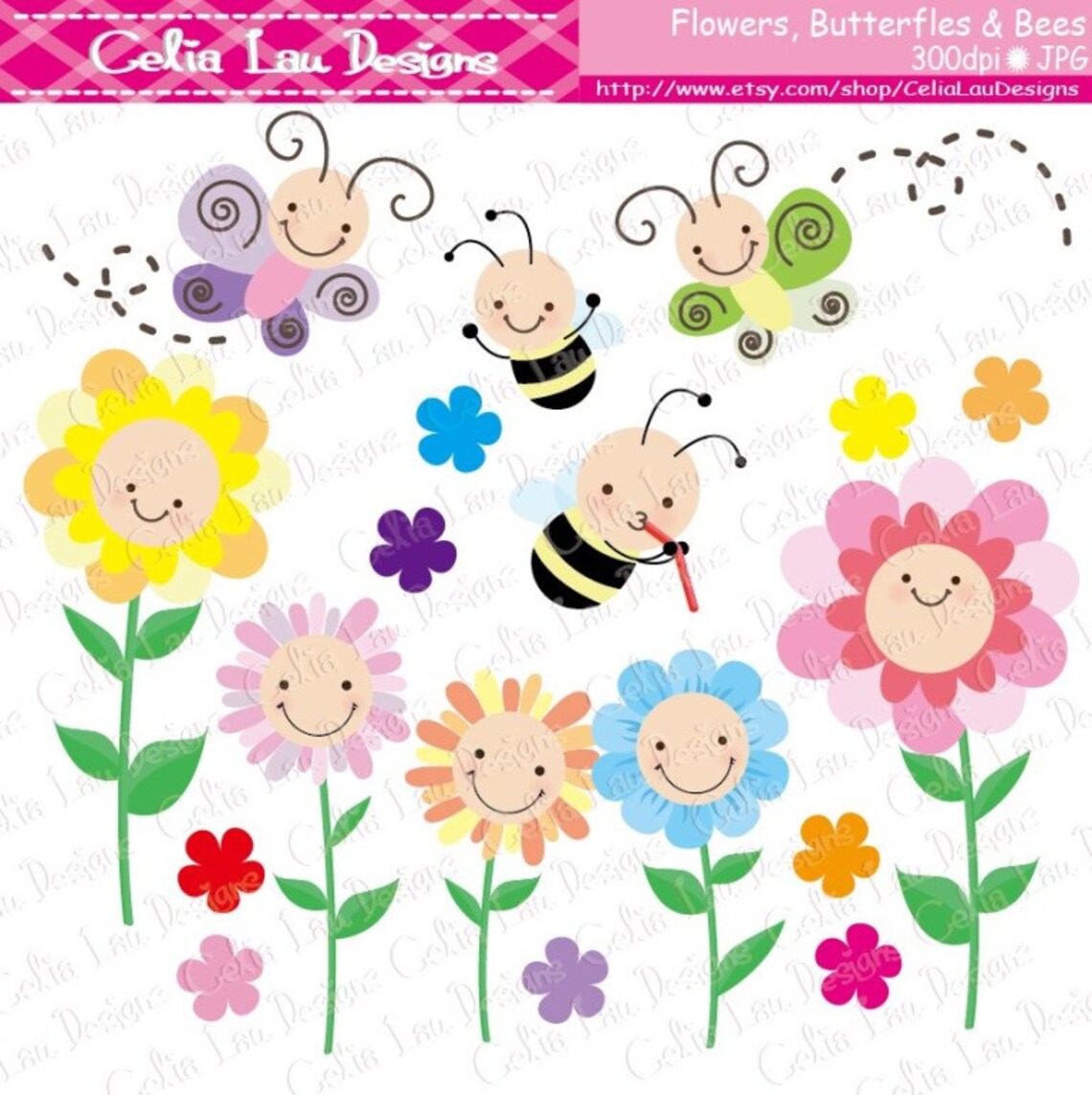 Flower Butterfly Bee Clip Art / Flowers Butterflies Bees - Etsy