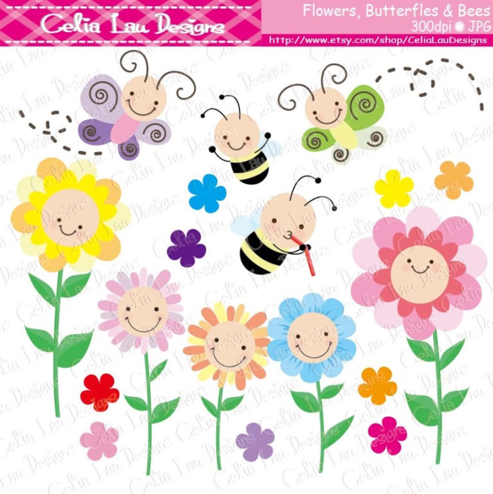 Flower Butterfly Bee Clip Art / Flowers Butterflies Bees - Etsy