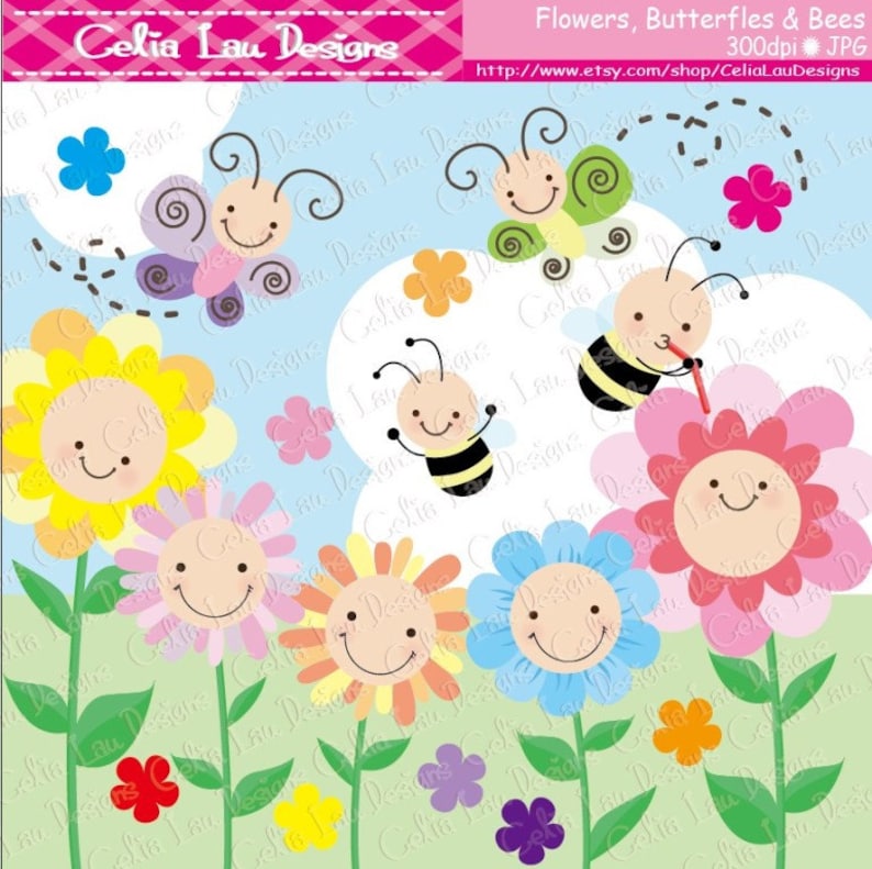 Flower Butterfly Bee Clip Art / Flowers Butterflies Bees - Etsy