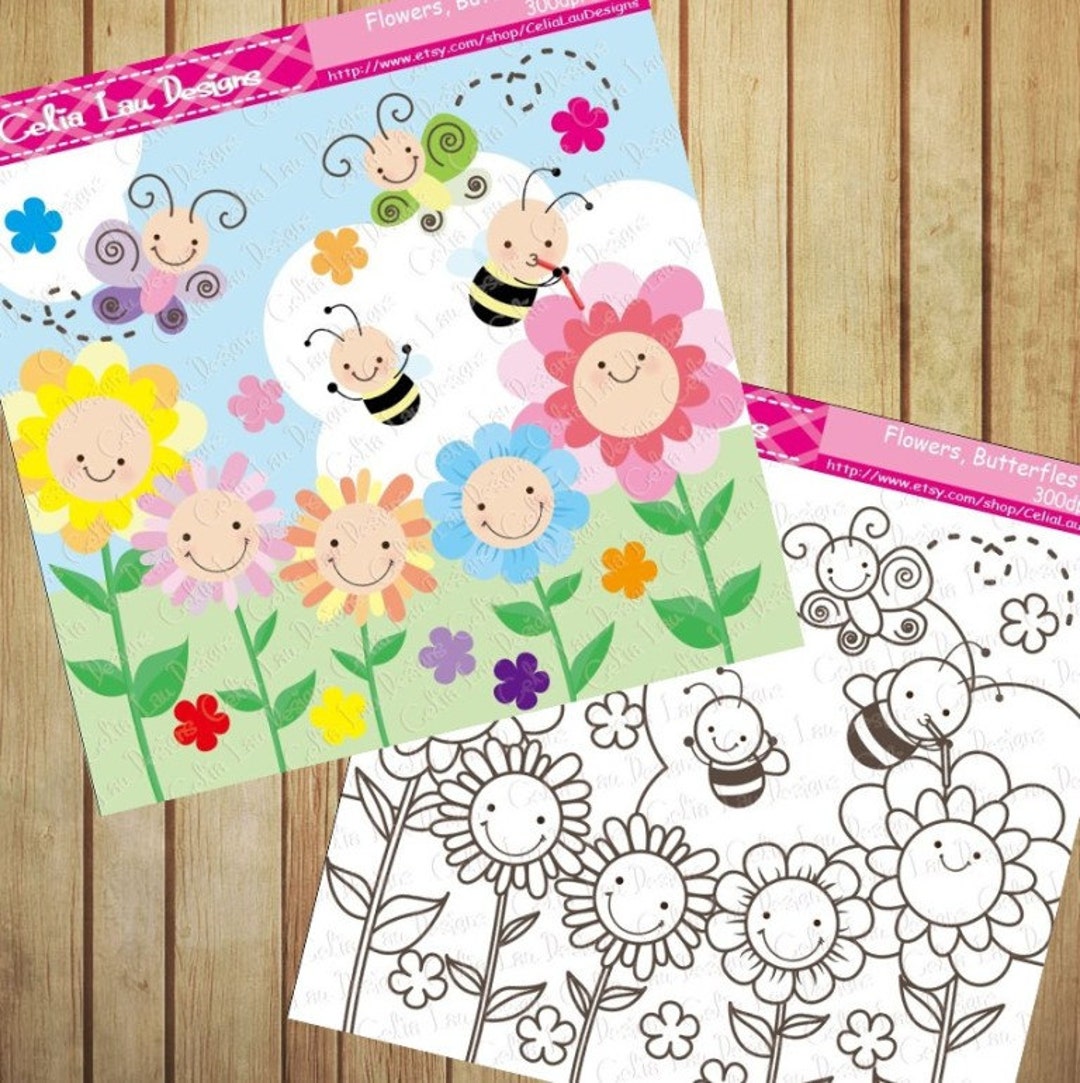 Flower Butterfly Bee Clip Art / Flowers Butterflies Bees Digital Stamp ...