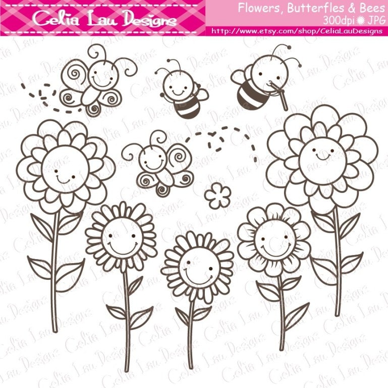 Flower Butterfly Bee Clip art / Flowers Butterflies Bees | Etsy