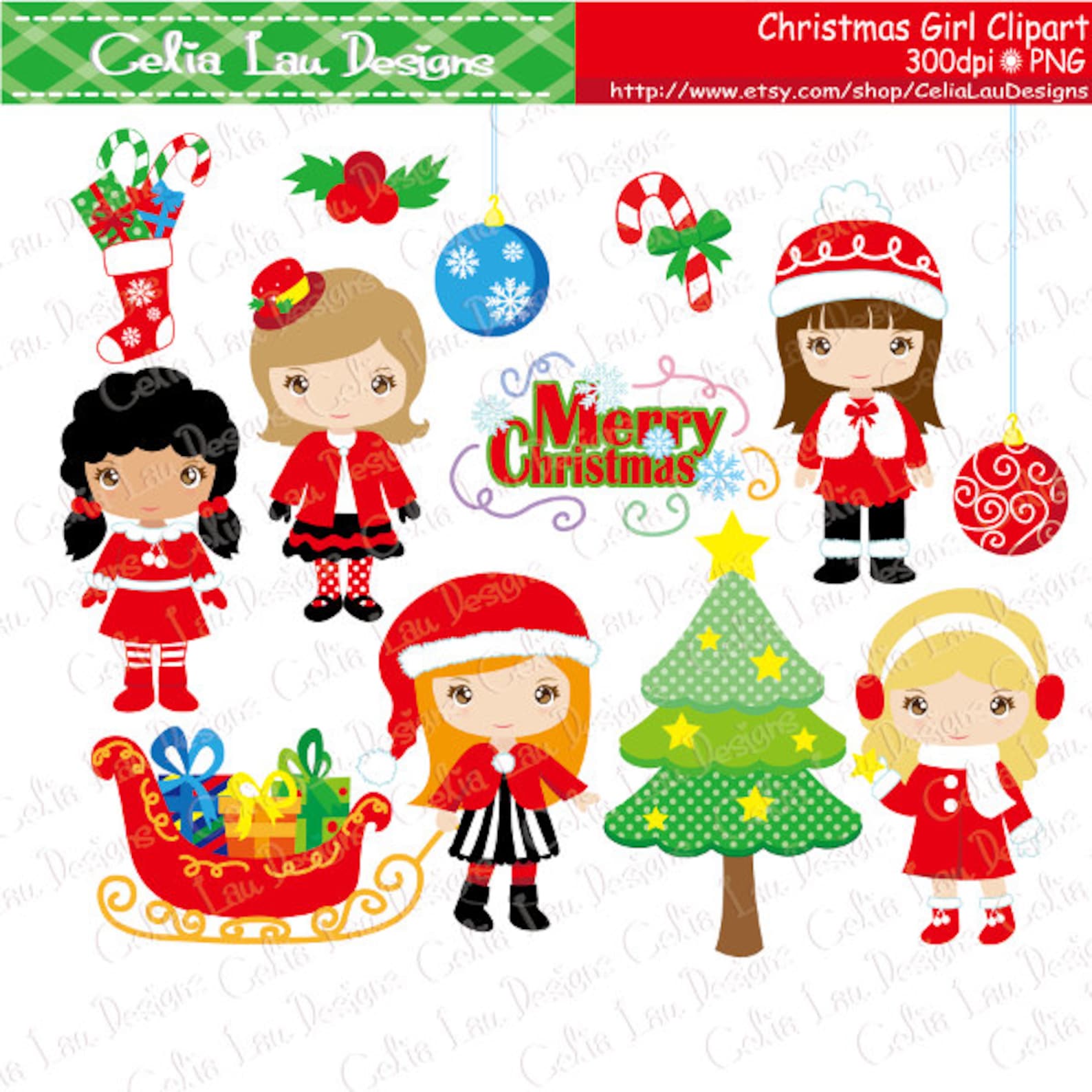 CHRISTMAS GIRLS Clipart Merry Christmas Digital Clipart | Etsy