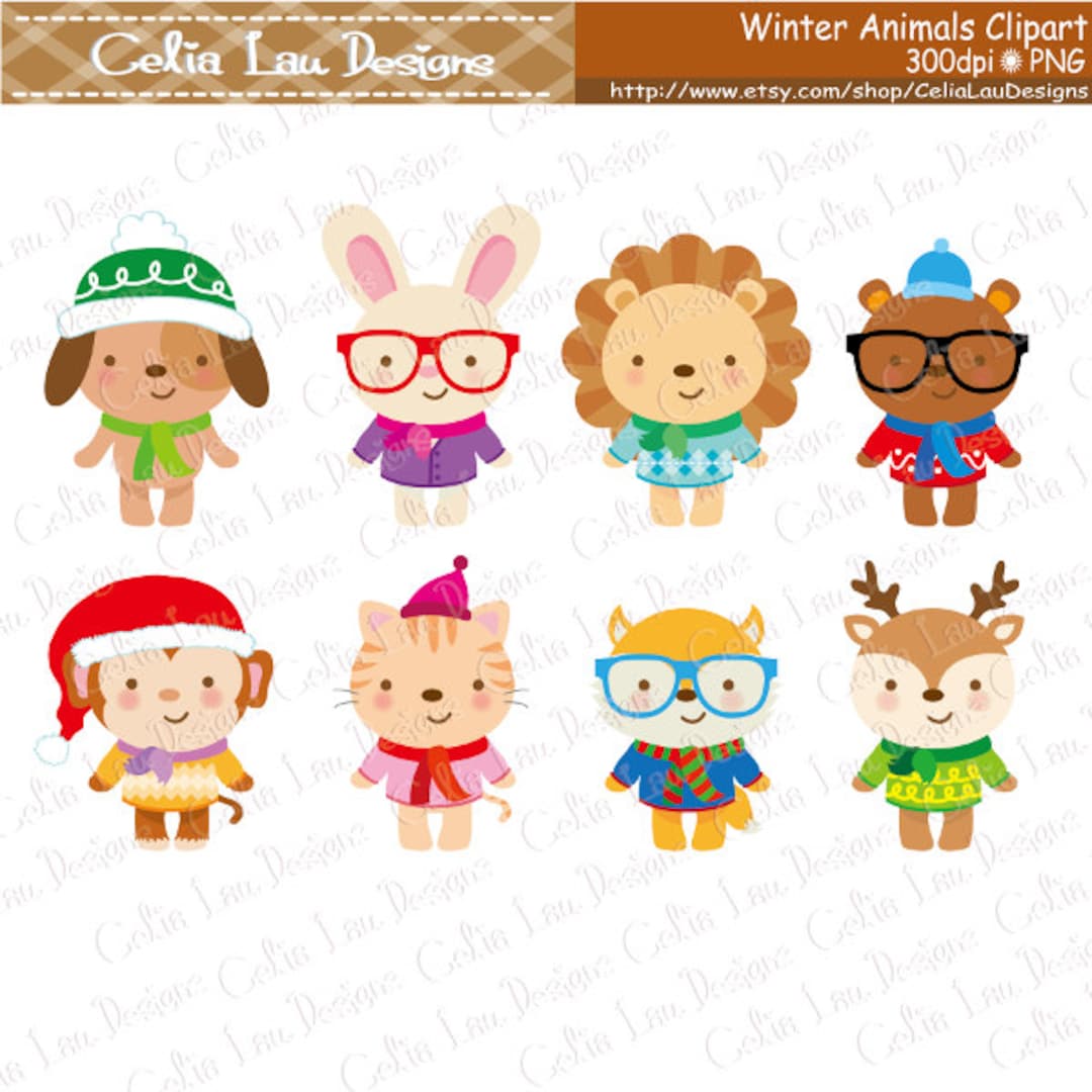 Cute Winter Animals Clipart, Hipster Animals Clip Art, Fashion, Winter ...