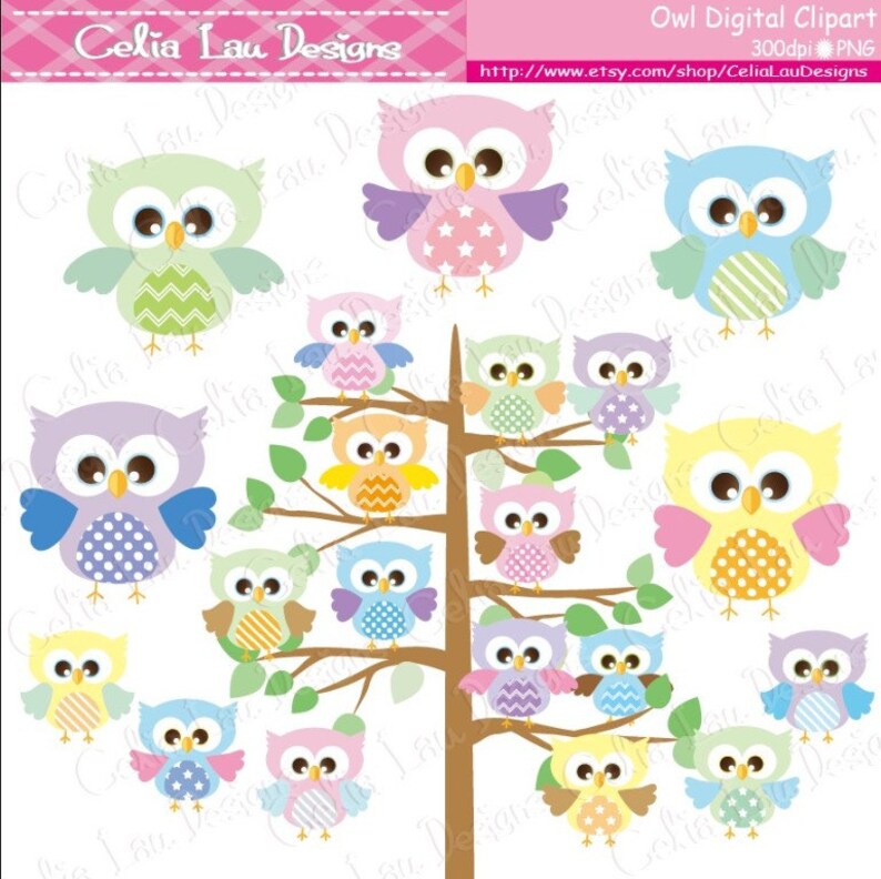 Owl Clipart Owls Digital Clip art/Polka dot/Star/Chevron | Etsy