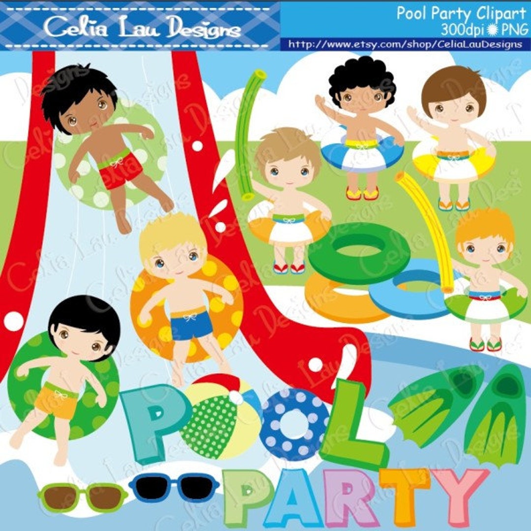 Boys Pool Party / Swim Party Invitation / Swimming Clipart / Summer ...