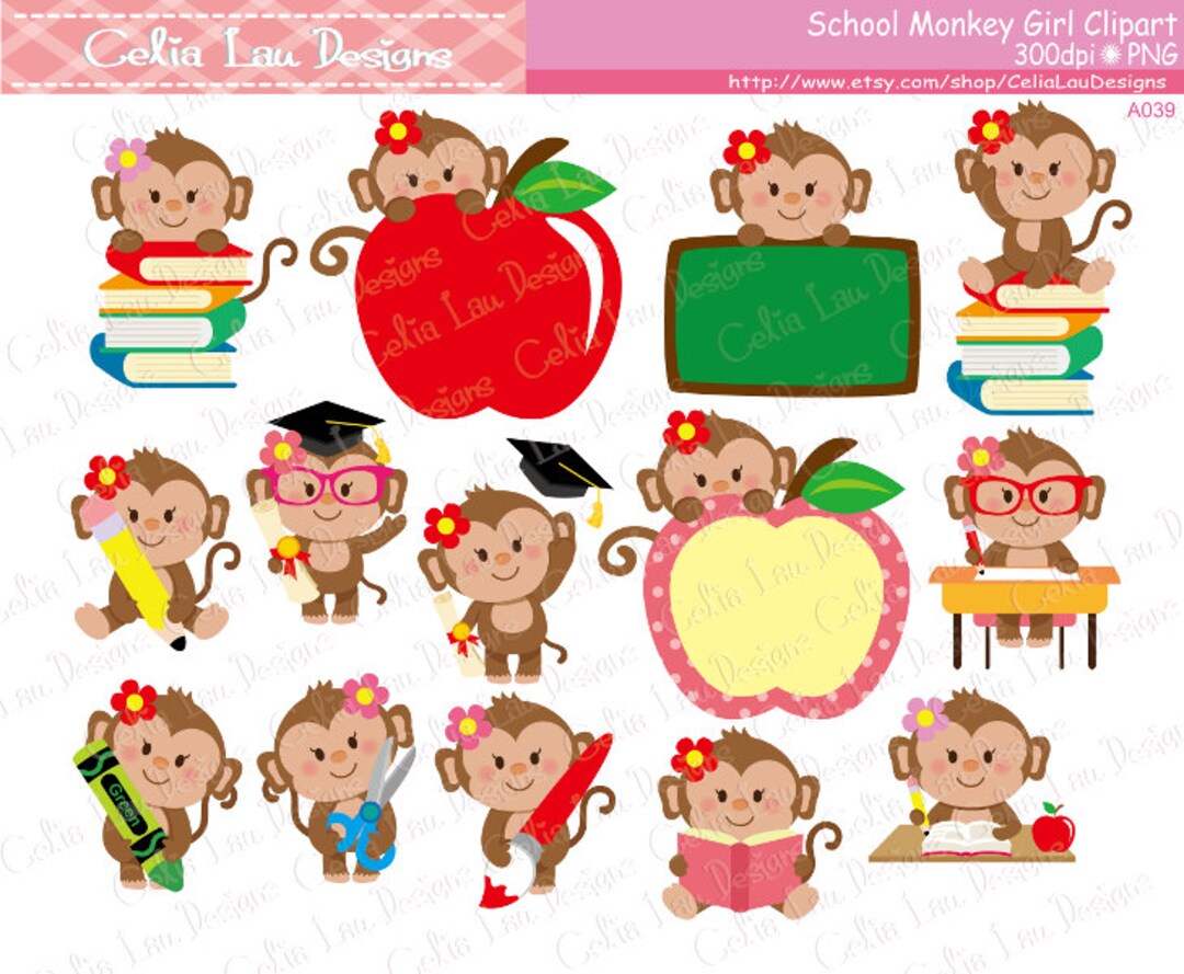School Monkey Girl Clipart, Cute Back to School Monkey Girl Clipart - Etsy